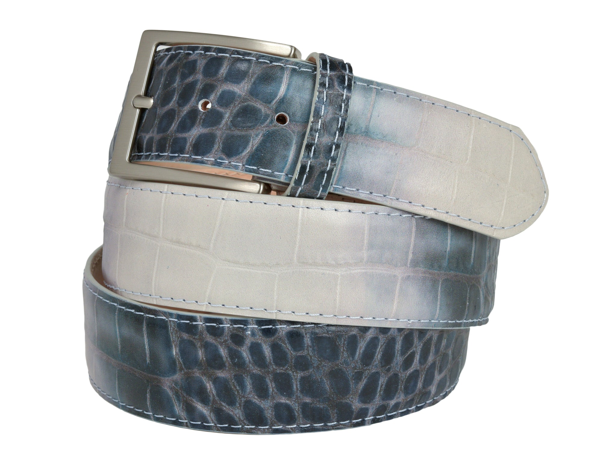 Calf Skin Alligator Embossed Belt White/Teal Blue Fade