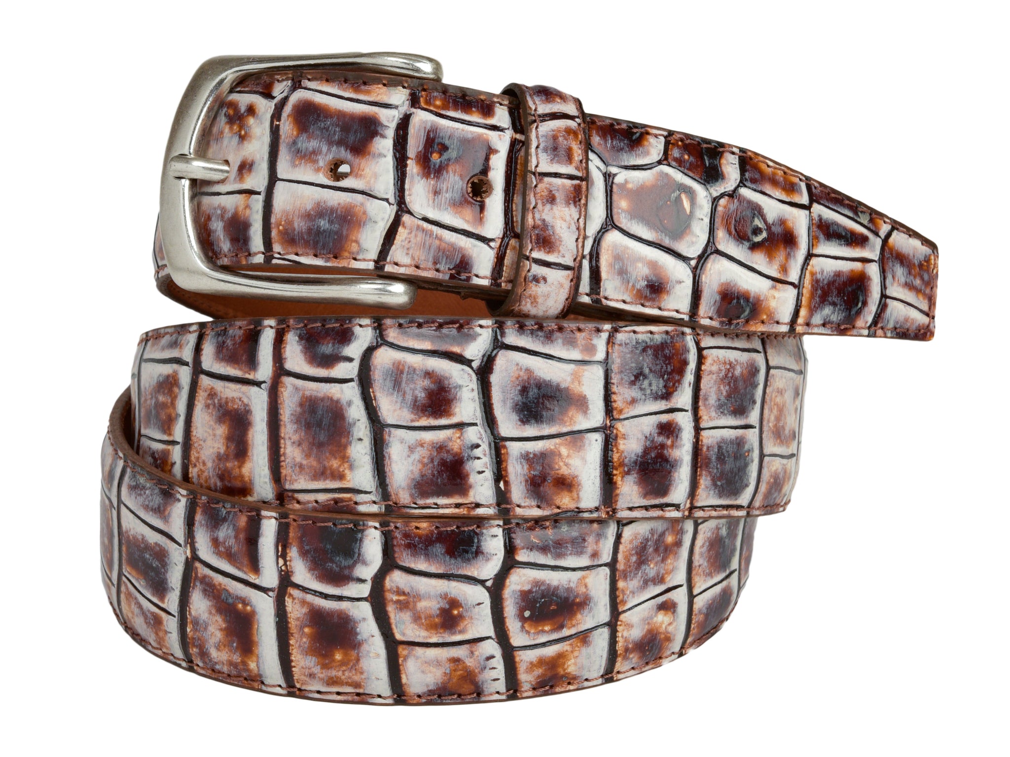 Calf Skin Crocodile Embossed Belt Distressed Brown