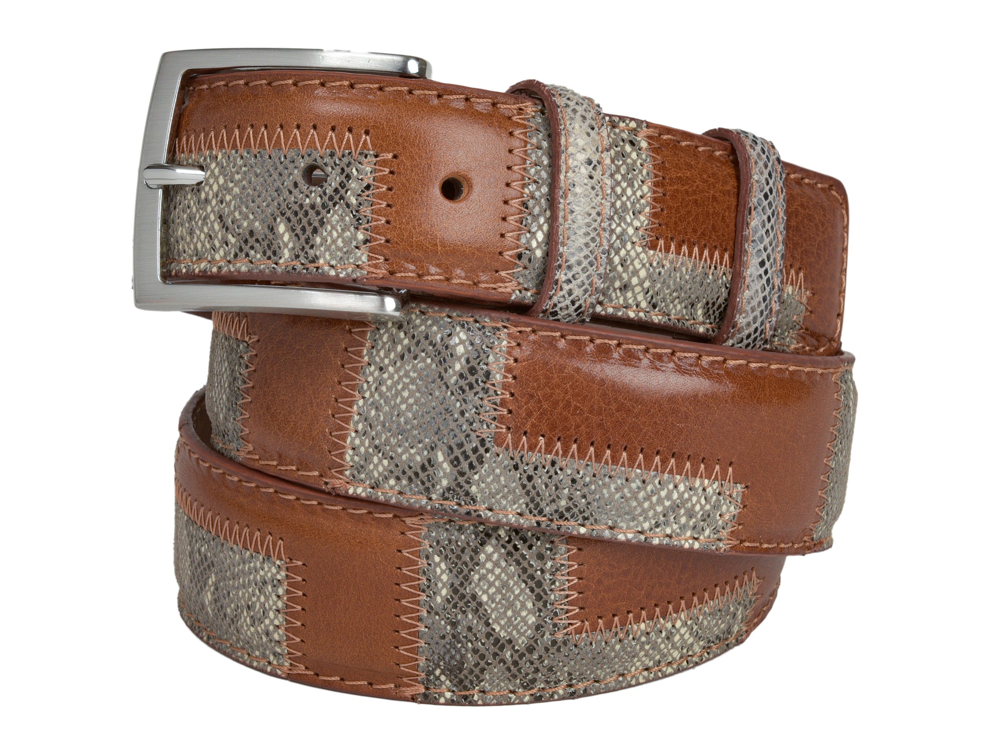 Duo-Skin Python Calf Patchwork Belt Cognac/Natural