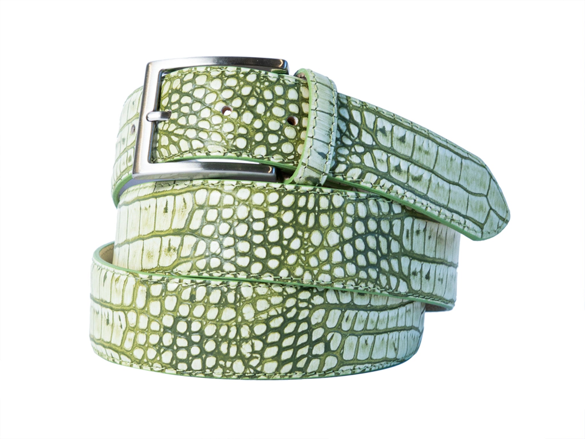 Handpainted Calf Skin Alligator Embossed Belt Lime Green