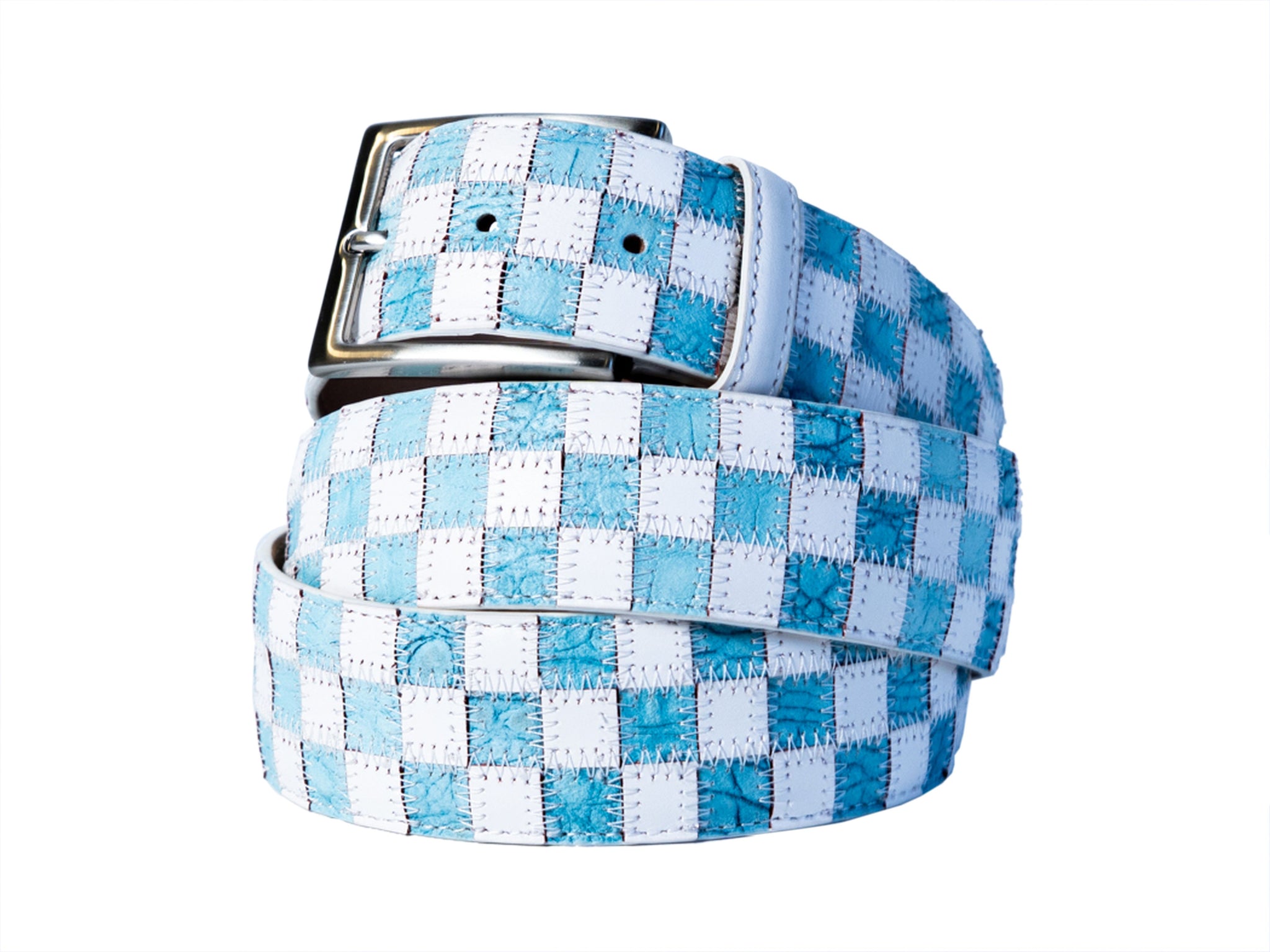 Duo-Skin Alligator Calf Patchwork Belt Sky Blue/White